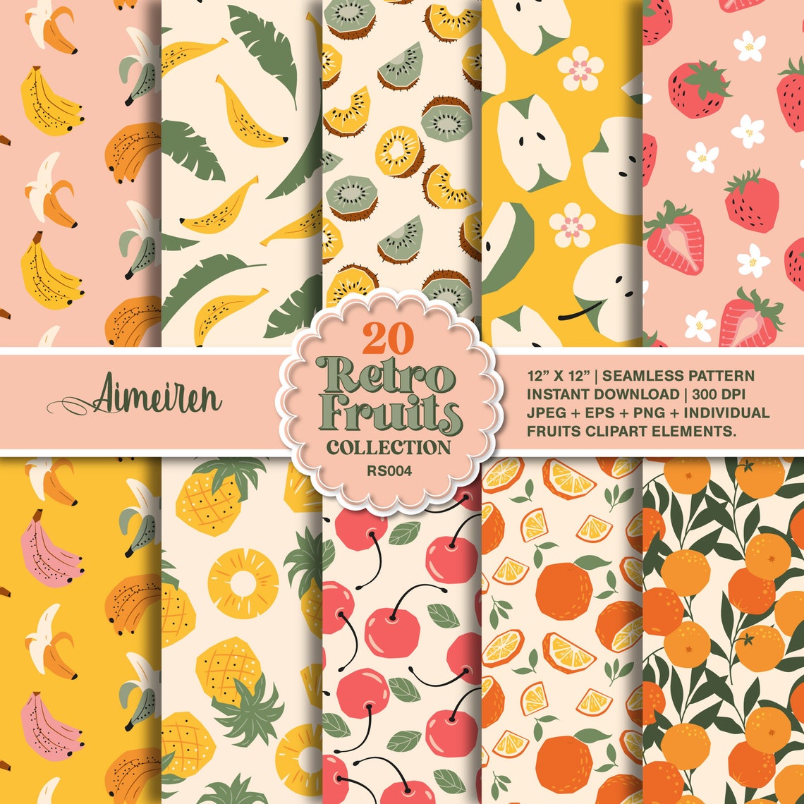 20 Retro Summer Fruits Seamless Patterns 80 Isolated Cliparts Juicy ...