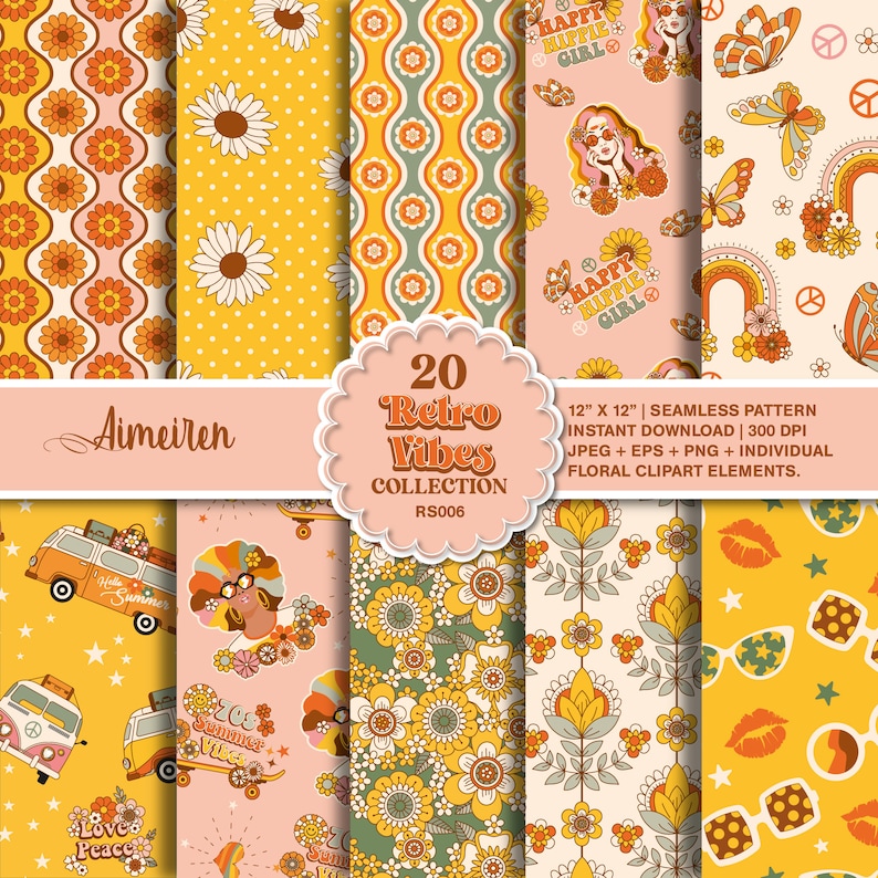 70s Retro Clipart & Seamless Pattern Set: Hippie Van, Flowers (digital ...