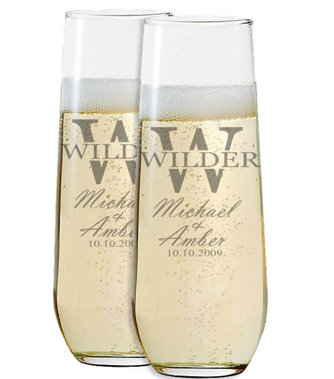 Personalized Stemless Engraved Wedding Champagne Flutes for Split Font ...