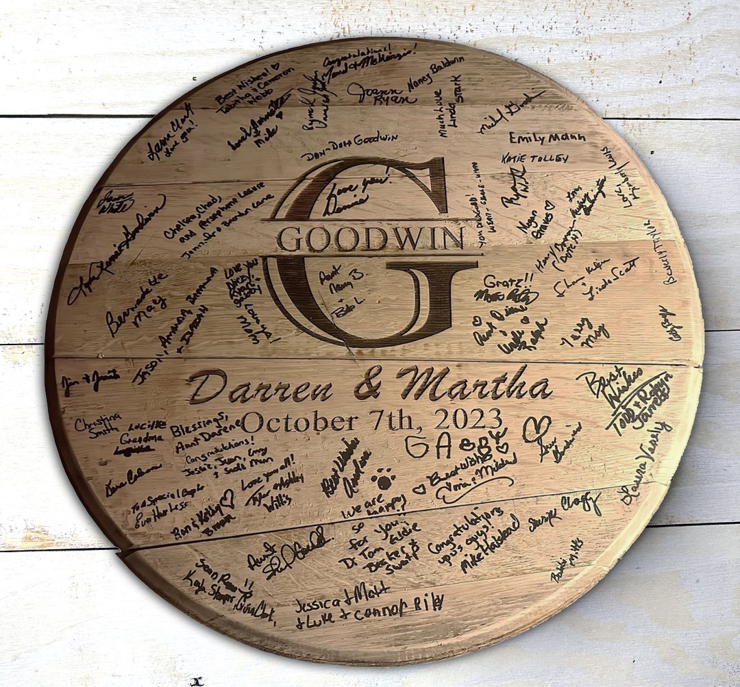 Engraved Wedding Sign Guest Book Bourbon Barrell Head, Personalized ...