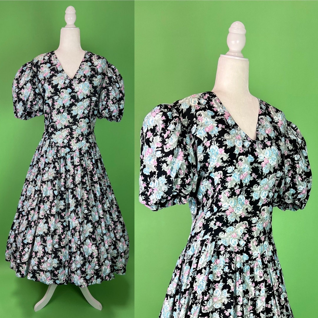 Vintage Black Floral Puff Sleeve Tea Dress Size M/L 80s Floral Garden ...