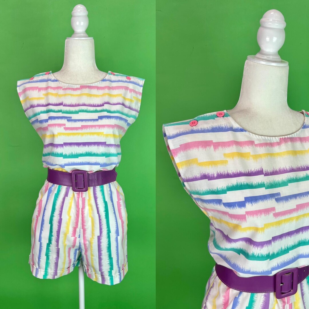 Vintage 80s Pastel Rainbow Striped Romper Size XS/S 80s Pastel Romper ...