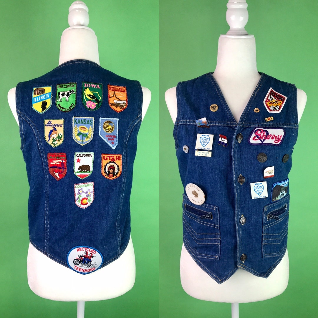 Vintage 70s/80s Denim Biker Vest With Motorcycle Pins and Vintage 70s/80s Denim Biker Vest With Motorcycle Pins and