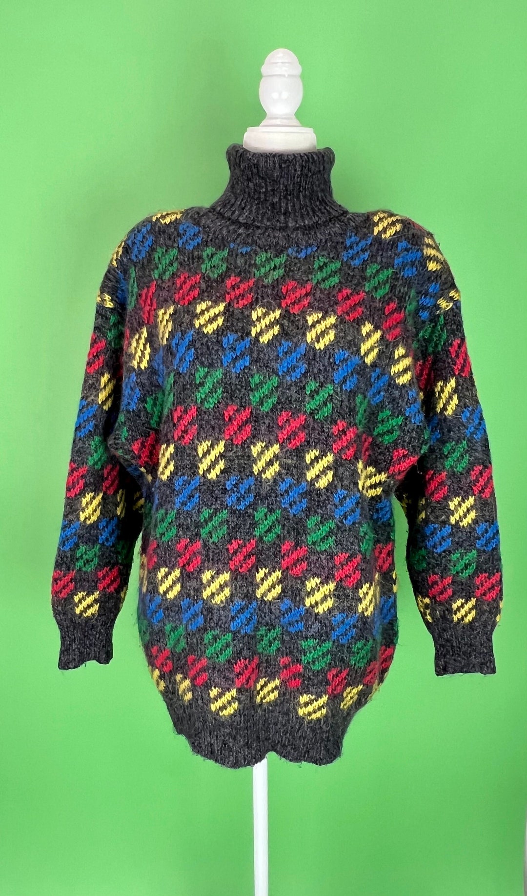 Vintage 80s 90s Gray Primary Color Checkered Wool Blend Turtleneck ...