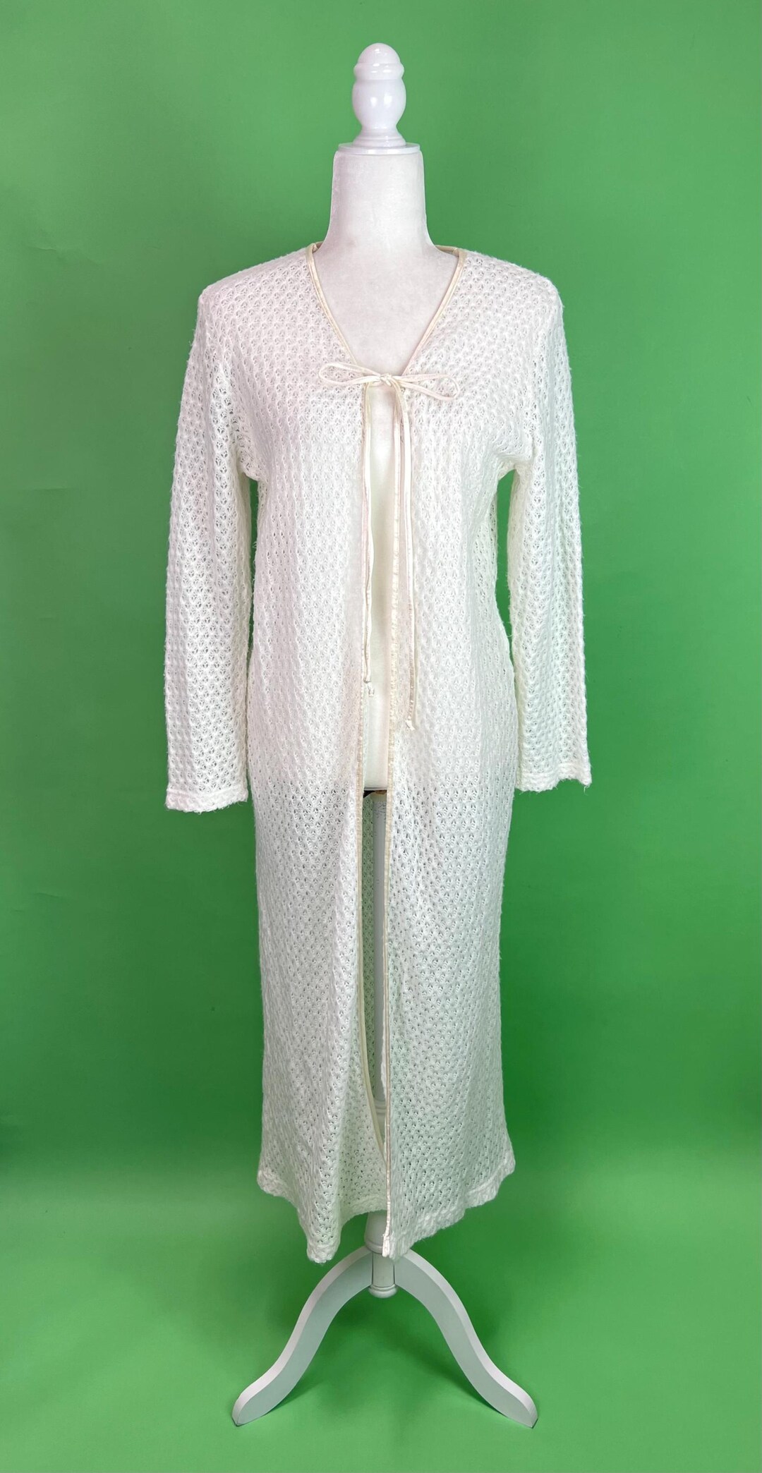 Vintage Long Ivory Open Knit Duster Cardigan Sweater Robe House Coat ...