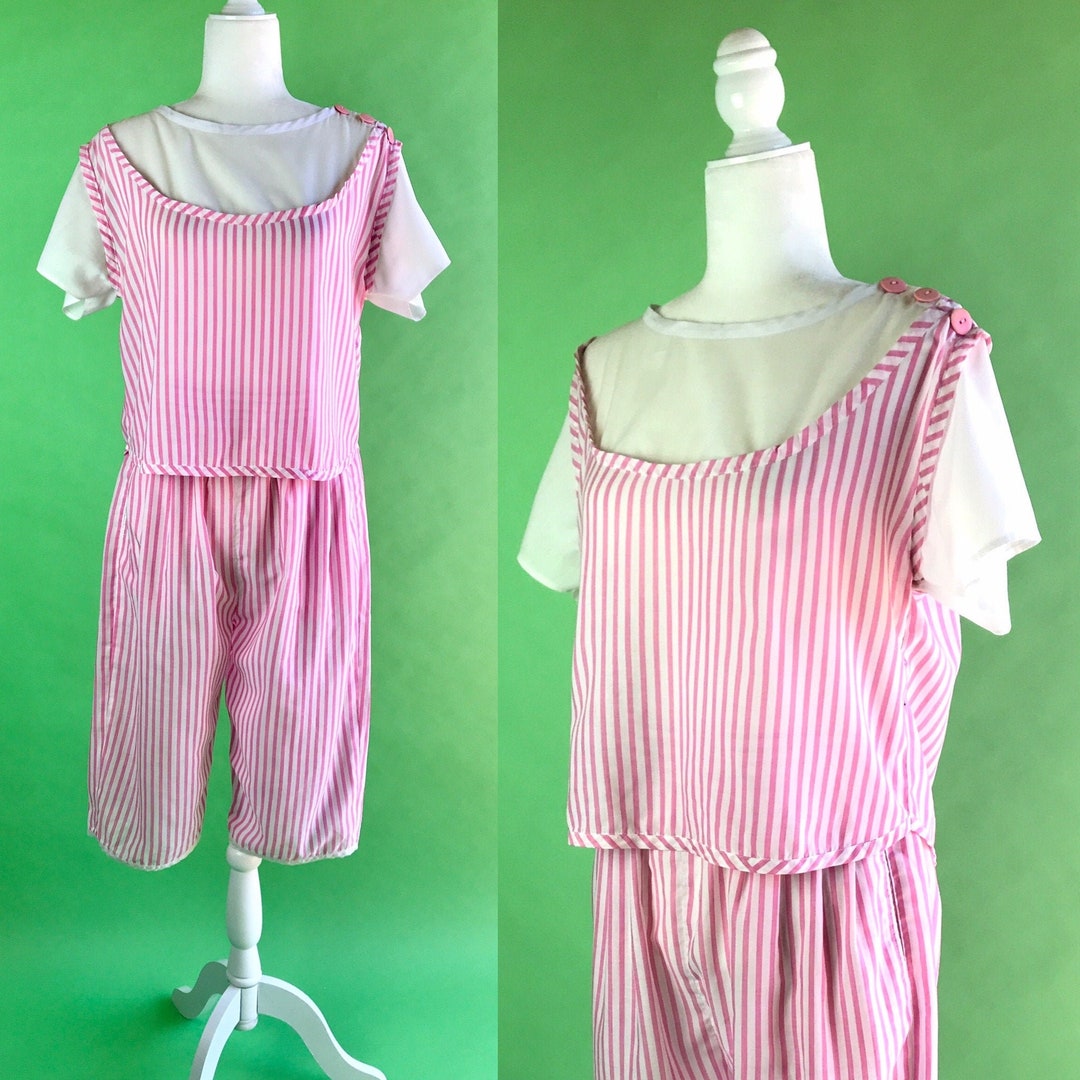 Vintage 80s Pink and White Striped Pajama Set - Size Medium | Valentine ...