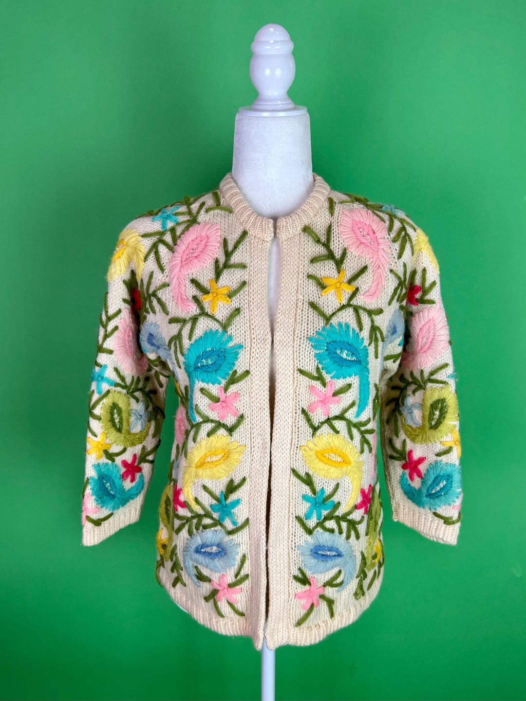 Vintage 60s Pastel Floral Paisley Crewel Embroidered Cardigan Sweater ...