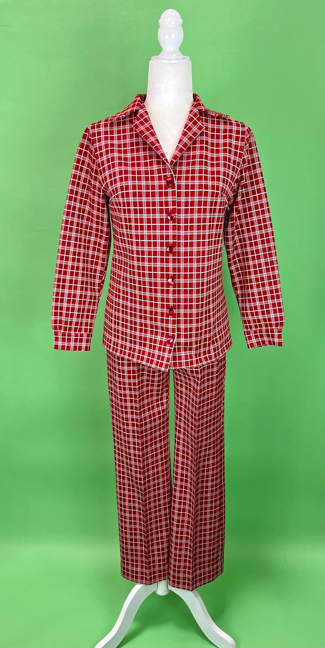 Vintage 70s Brick Red and White Plaid Two Piece Suit - Size Small | 70s ...
