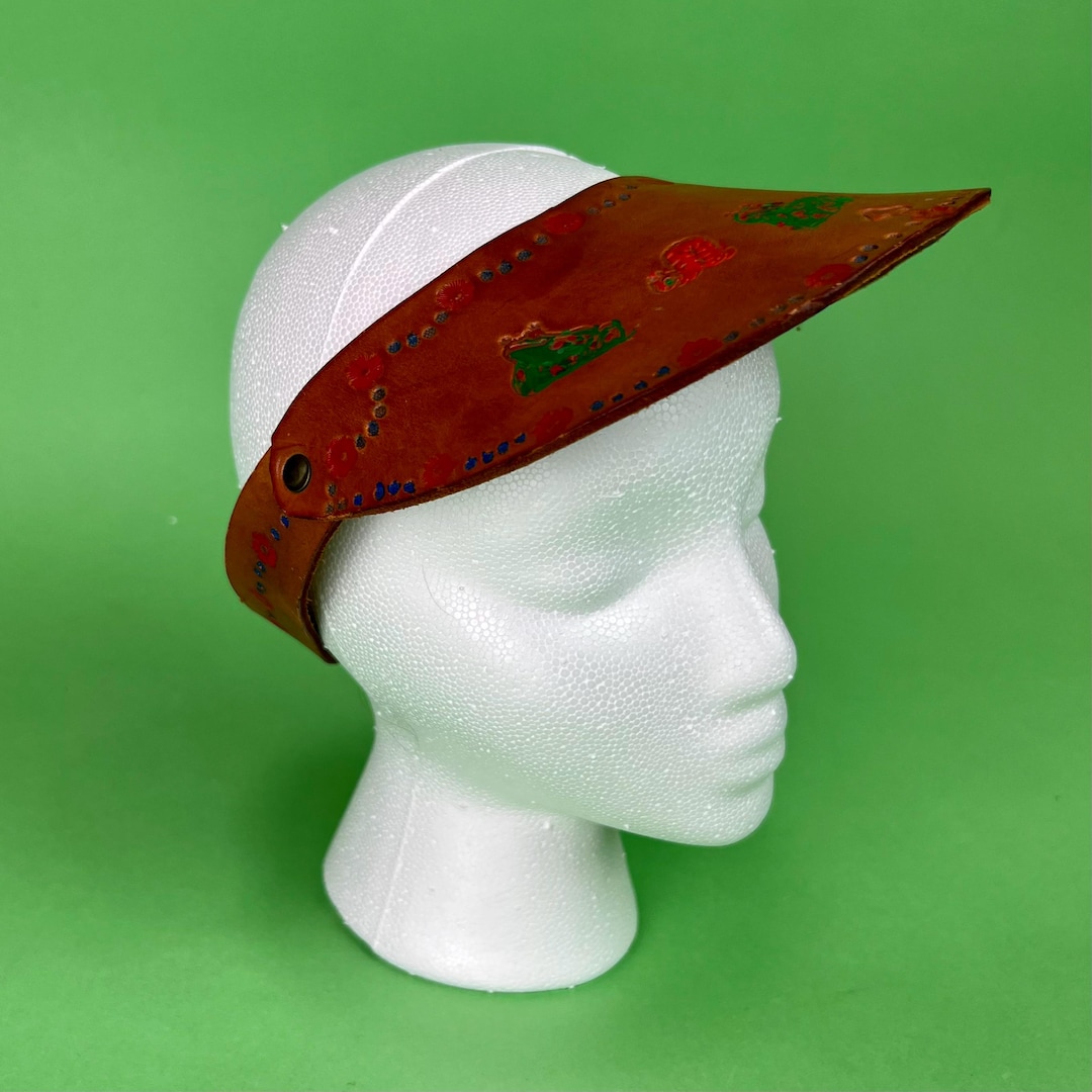 Vintage 70s Brown Tooled Leather Visor With Painted Frogs Caterpillars ...