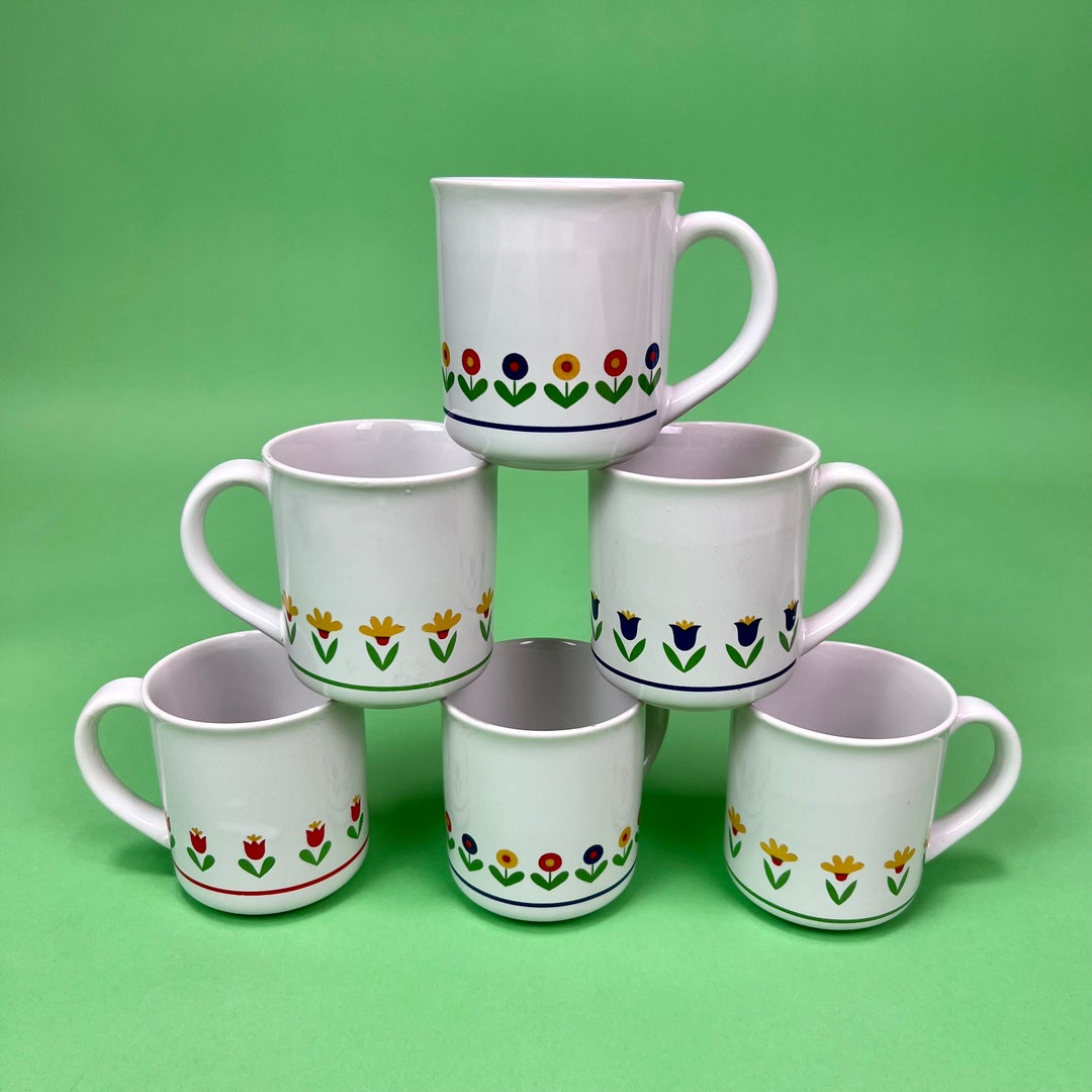 Vintage Mod Floral Coffee Mugs Set of 6 Marimekko Style Mugs Primary ...