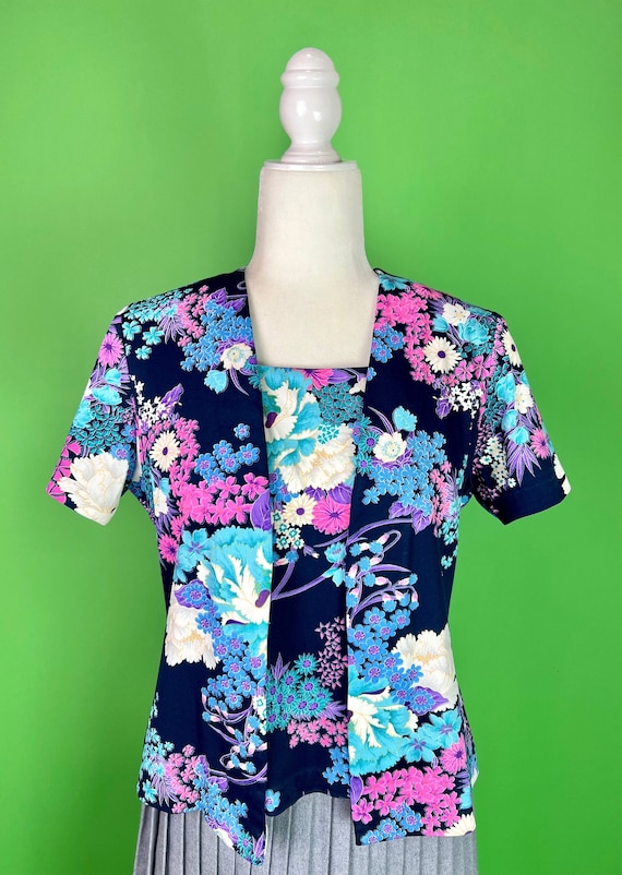 1970s NEON FLORAL disco Mod Hippie pointed collar sh… - Gem