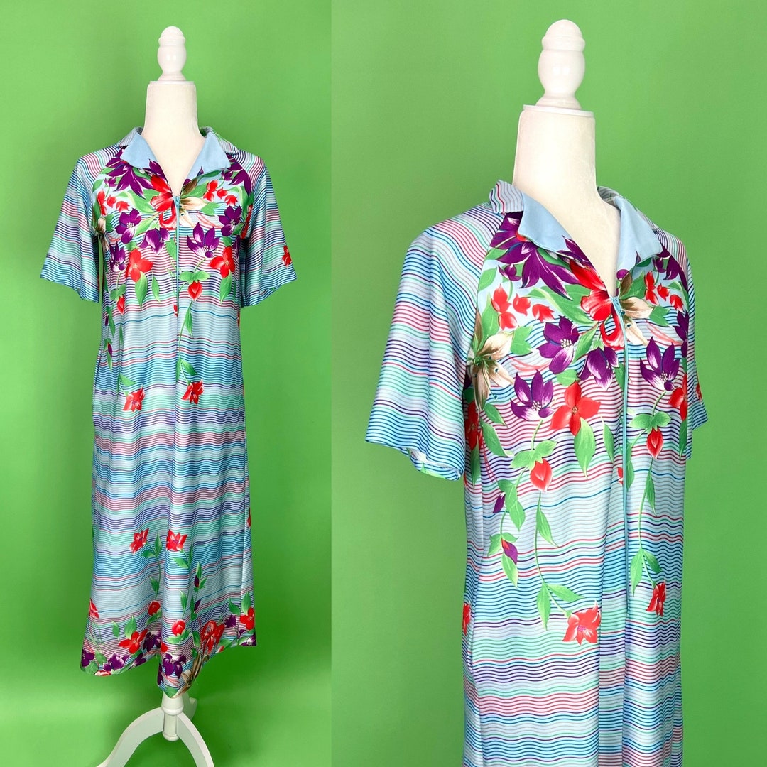 Vintage Rainbow Striped Floral House Dress House Coat Size Small ...
