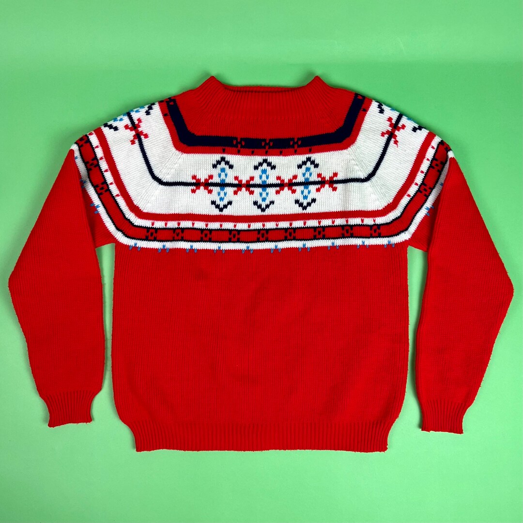 Vintage 70s Red Holiday Sweater Size Large 70s Red Fair Isle Sweater ...