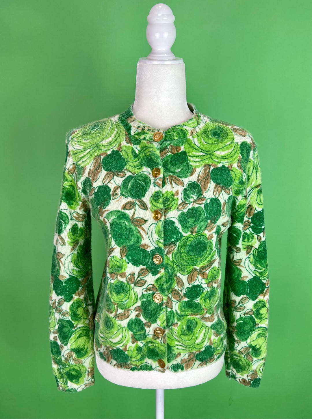 Vintage 60s/70s Green Floral Cardigan Sweater - Size S/M | Spring Green ...