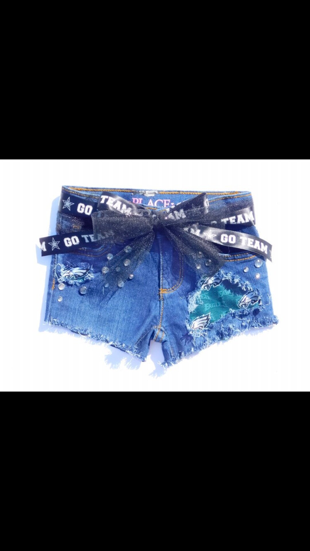 Football Girls Embellished Sports Jeans Shorts Team Eagles Distressed ...