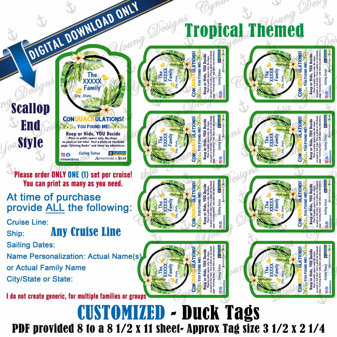 Tropical Themed Duck Tags| Customized With YOUR Personal Info| RCL NCL ...