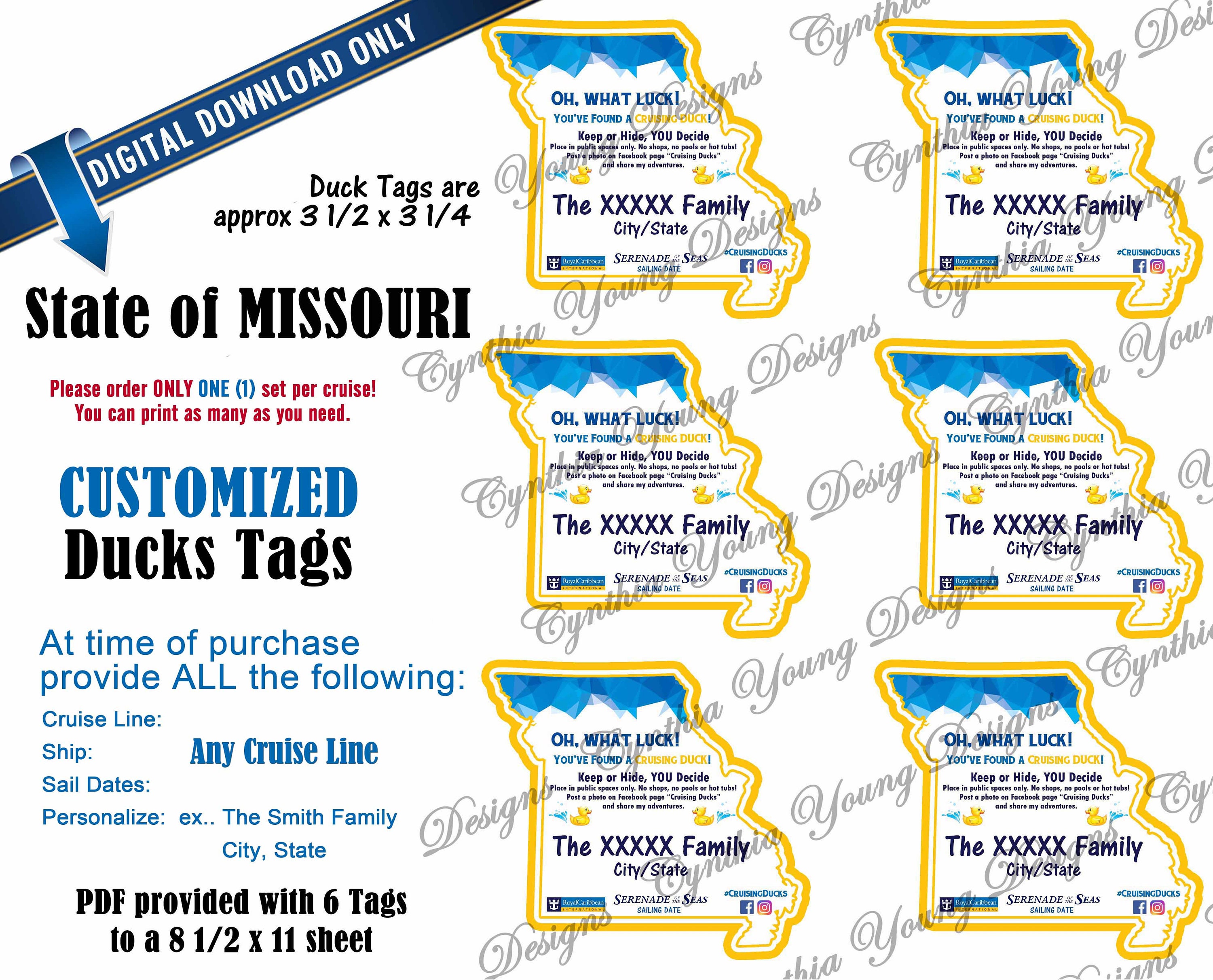 Missouri Shaped Duck Tags| Customized With YOUR Personal Info| RCL NCL ...