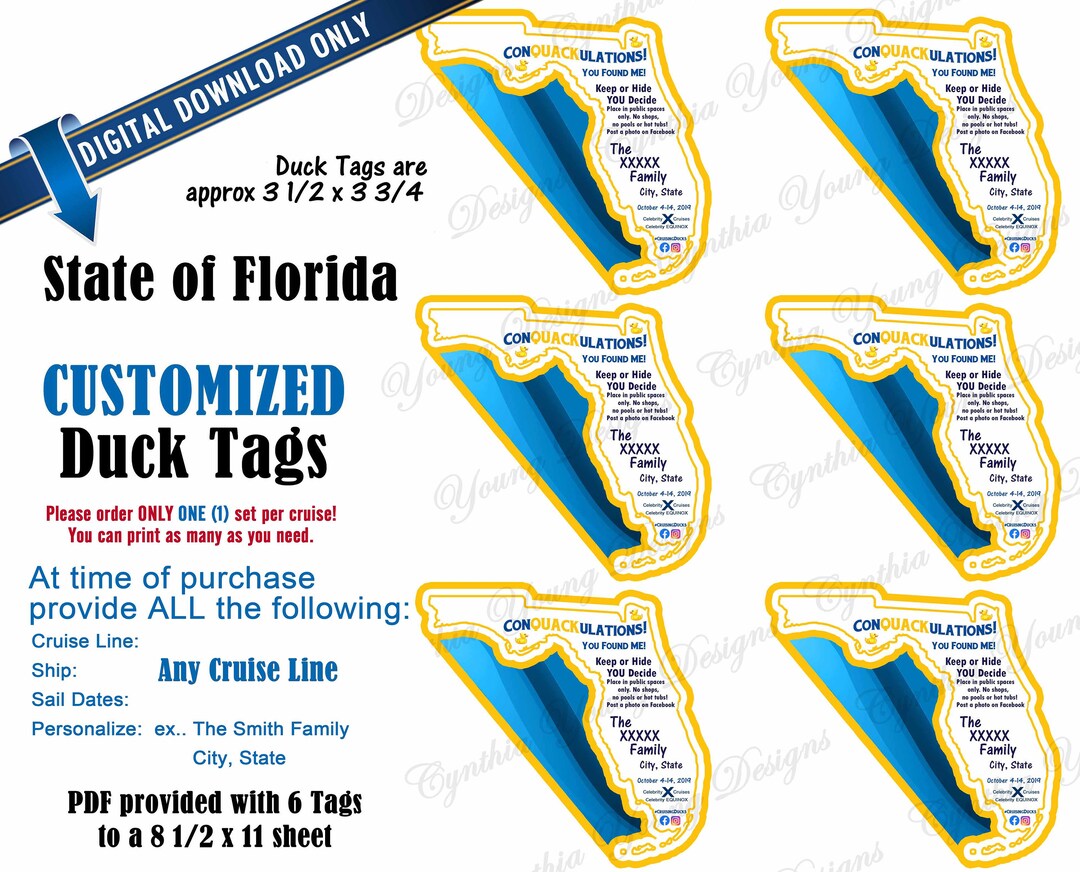 Florida Shaped Duck Tags| Customized With YOUR Personal Info| Not an ...