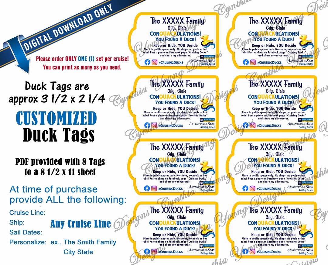 Duck Tags Customized With YOUR Personal Info RCL NCL Princess Celebrity ...