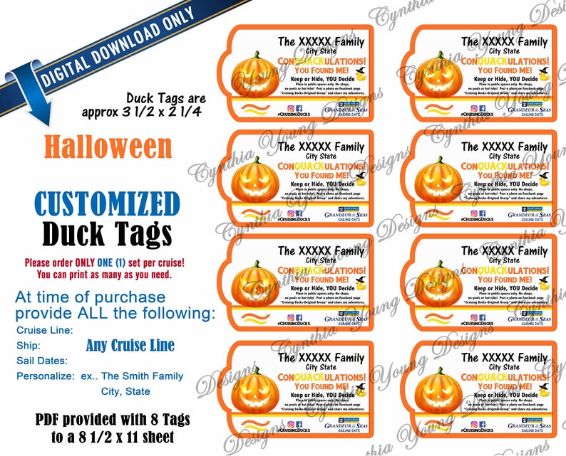 Halloween Duck Tags| Customized With YOUR Personal Info| RCL NCL ...