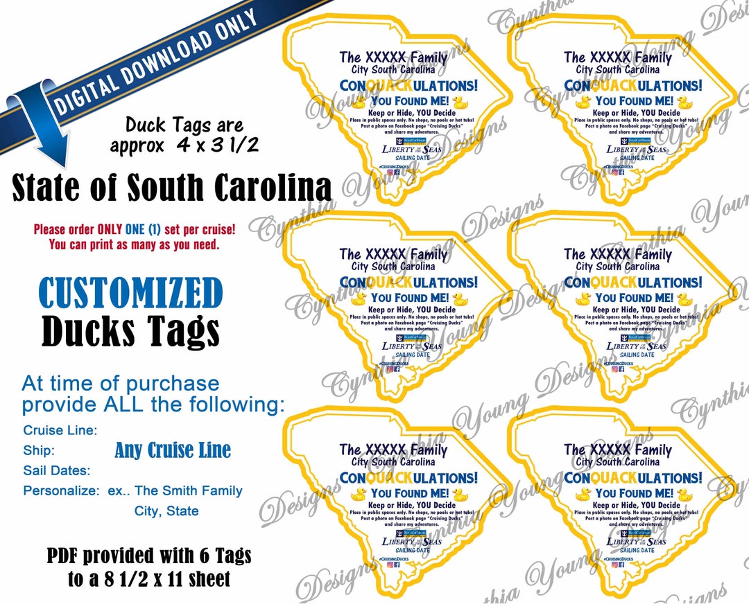 South Carolina Shaped Duck Tags| Customized With YOUR Personal Info ...