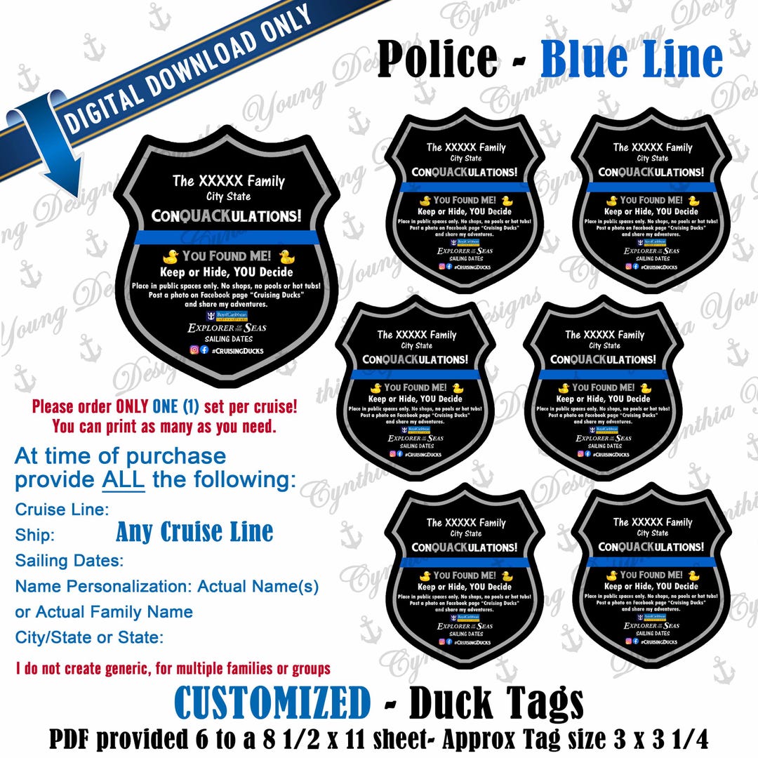 Police Blue Line Duck Tags| Customized With YOUR Personal Info| RCL NCL ...