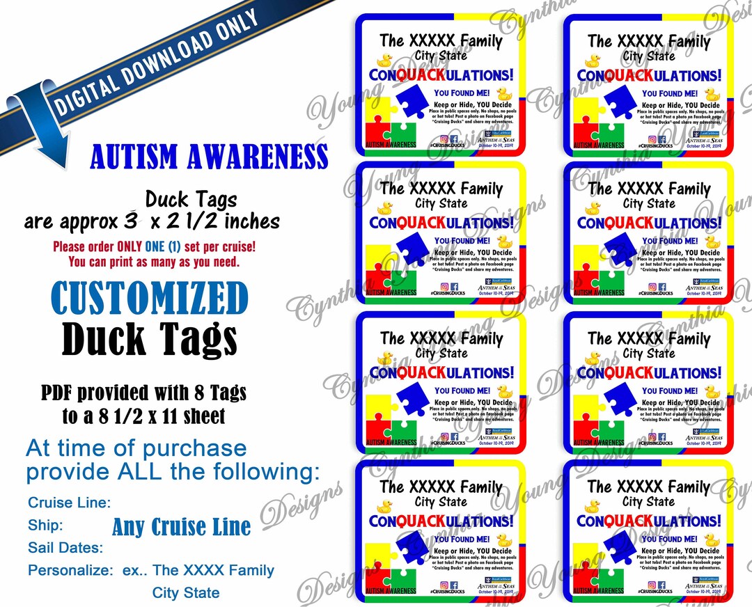 Autism Awareness Duck Tags| Customized W/your Personal Information| Not ...
