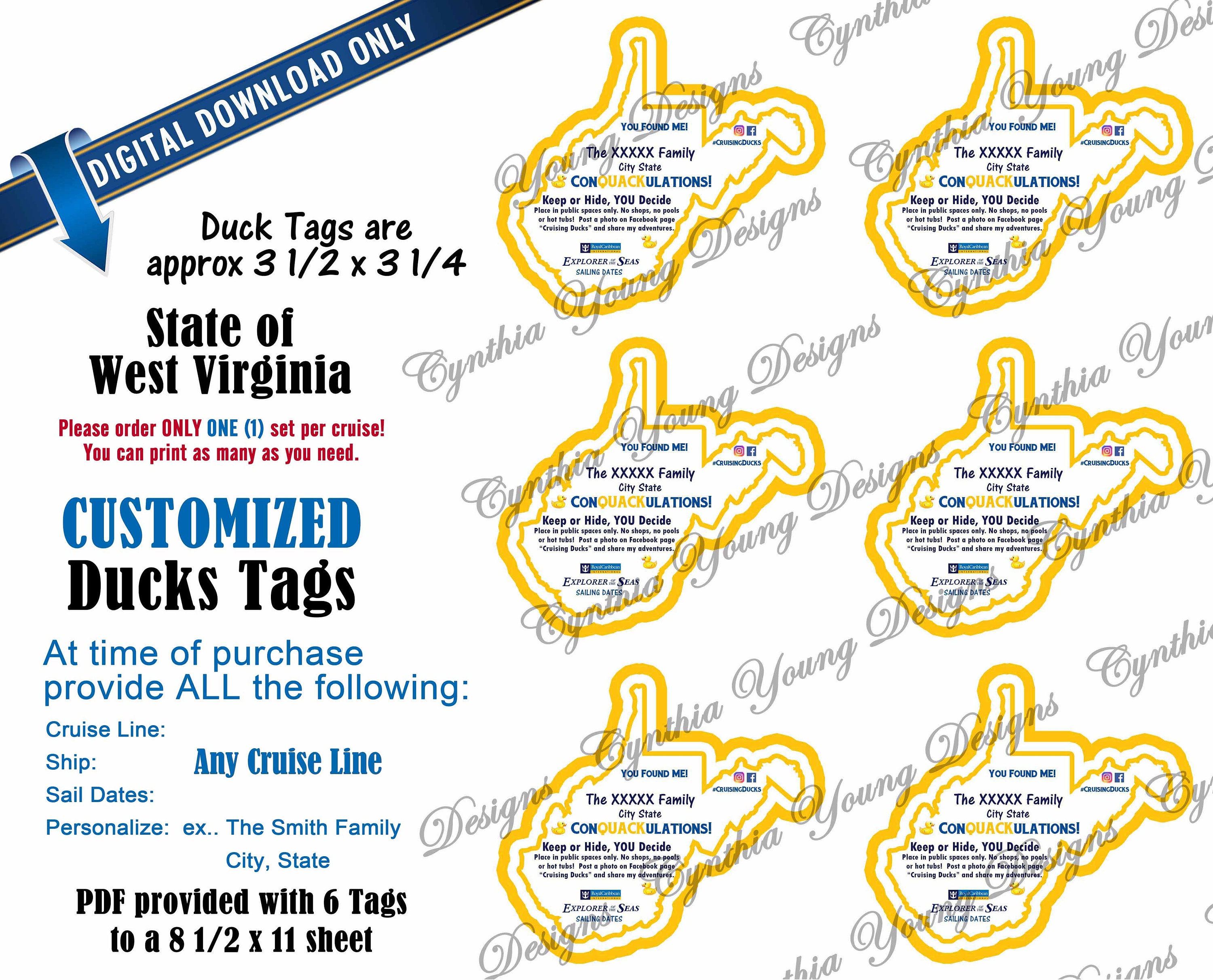 West Virginia Shaped Duck Tags| Customized With YOUR Personal Info| RCL ...