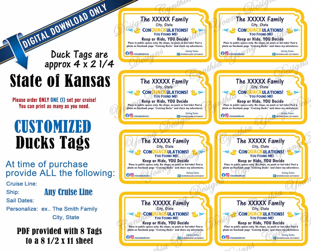 Kansas State Shaped Duck Tags| Customized With YOUR Personal Info| Not ...