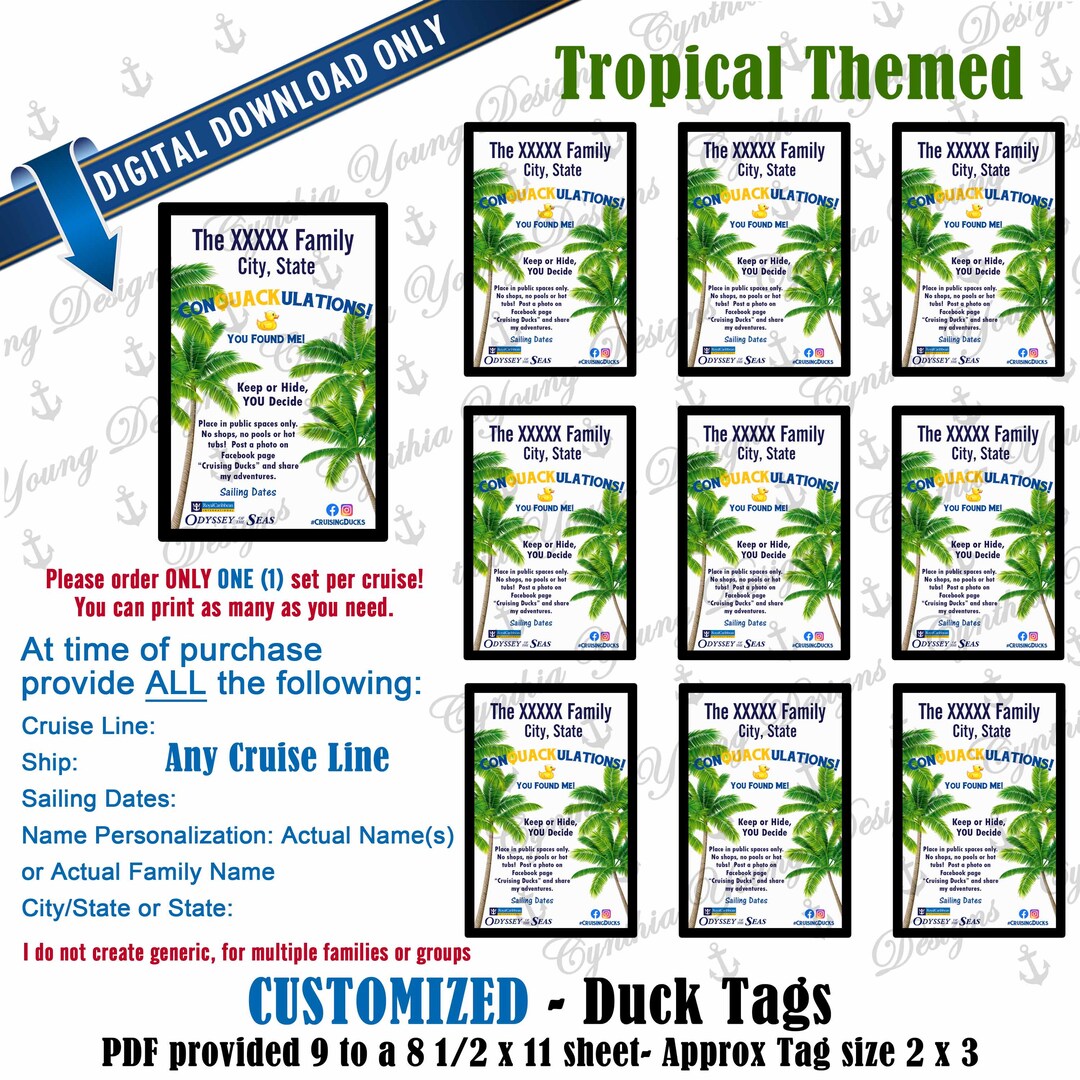 Tropical Themed Duck Tags| Customized With YOUR Personal Info| Not an ...