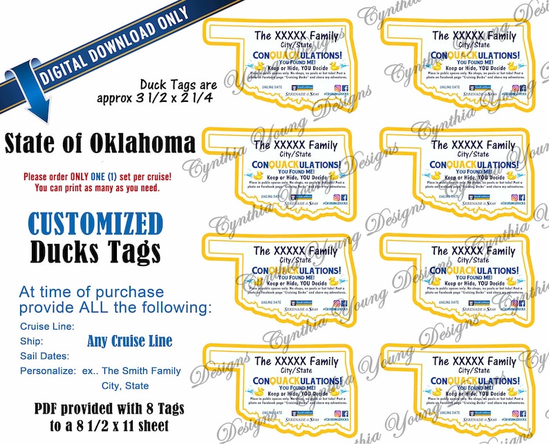 Oklahoma Shaped Duck Tags Customized With YOUR Personal Info - Etsy