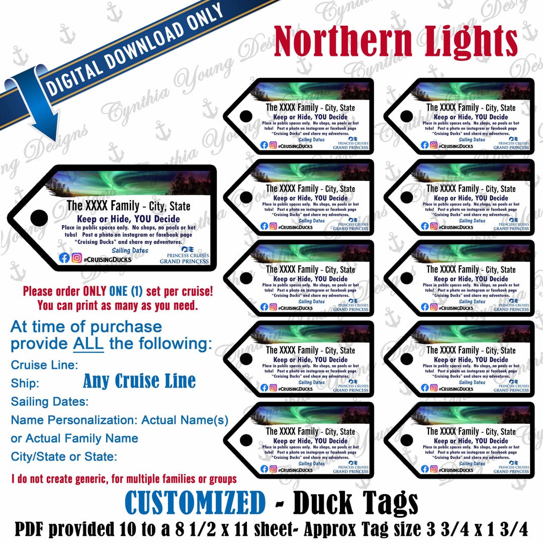 Duck Tags| Northern Lights Themed | Customized With YOUR Personal Info ...