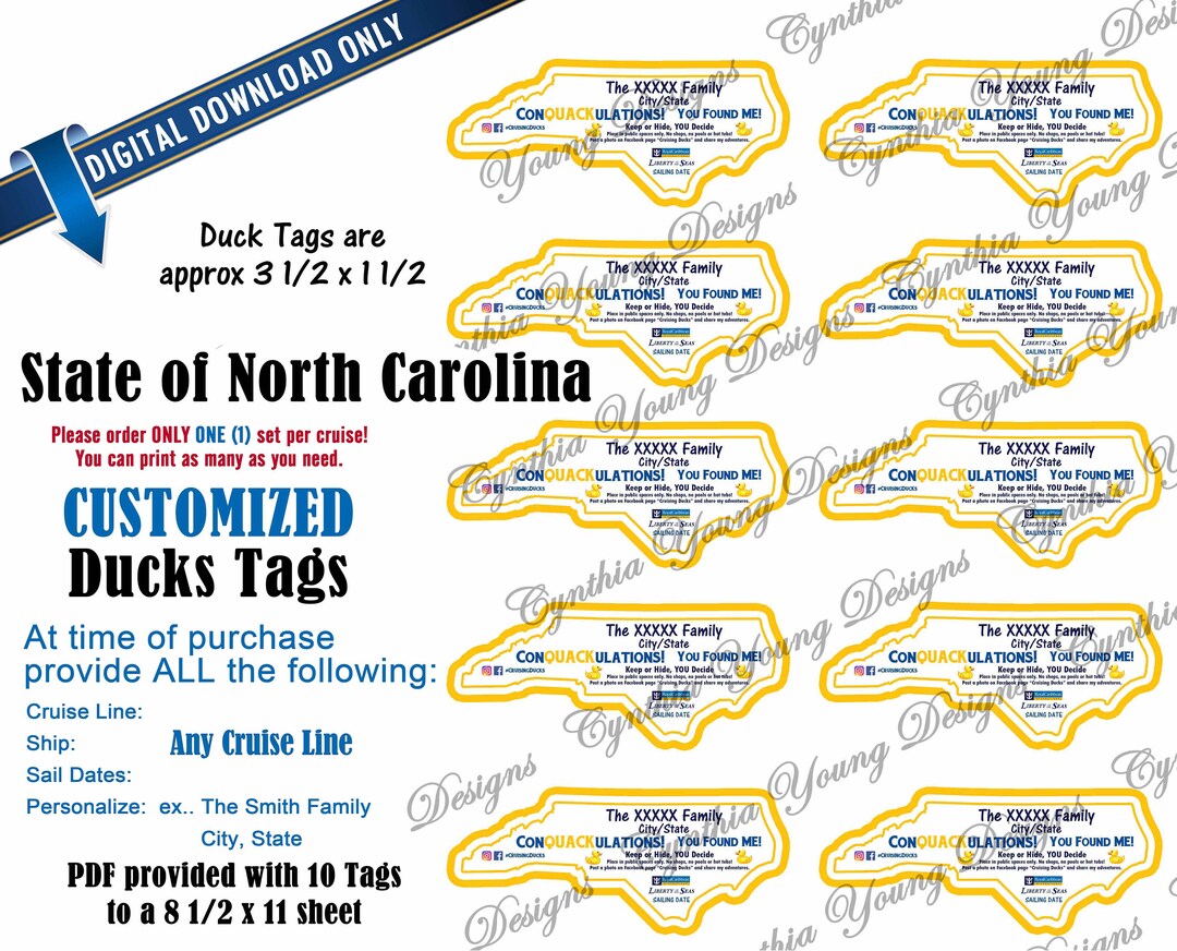 North Carolina Shaped Duck Tags| Customized With YOUR Personal Info ...