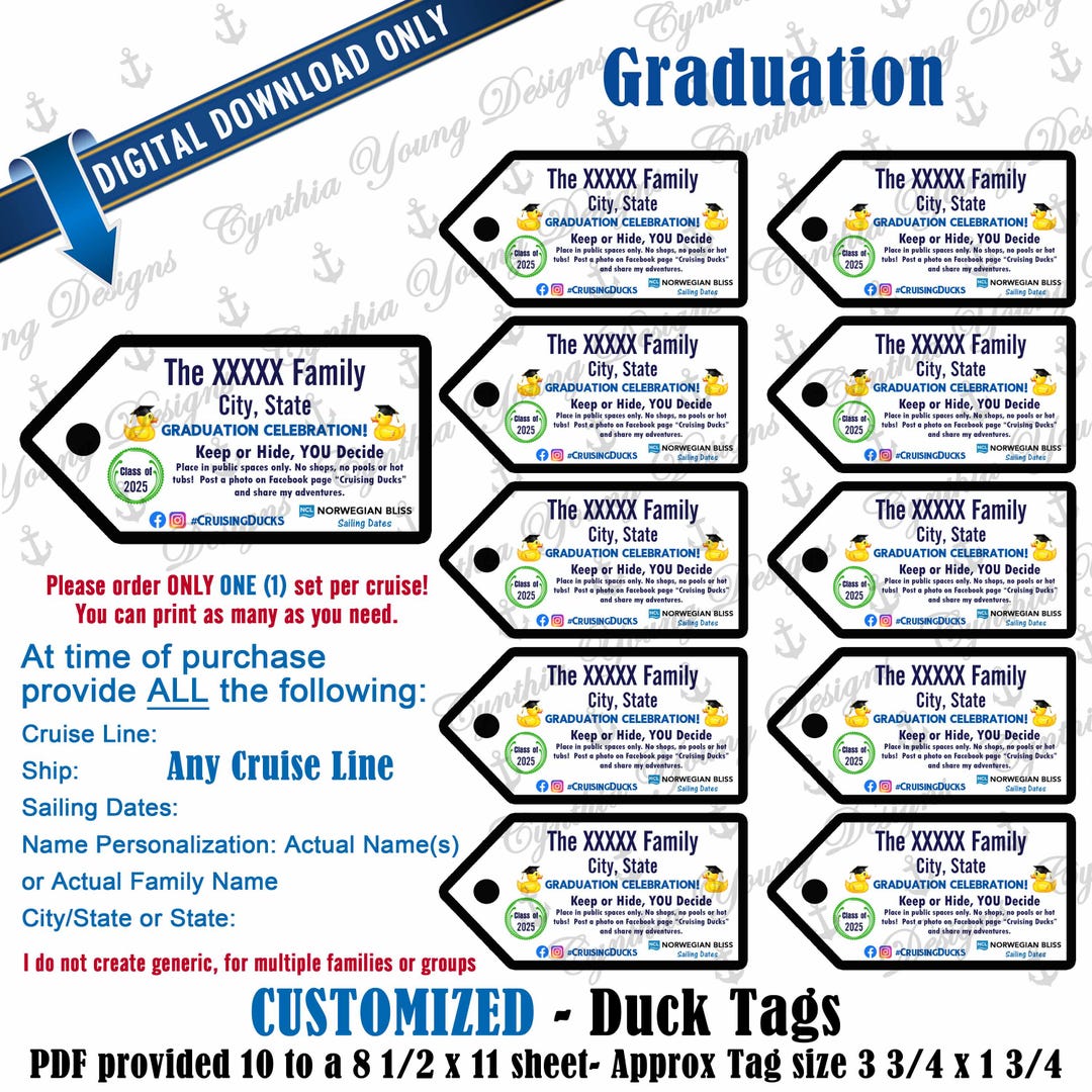 Graduation Duck Tags| Customized With YOUR Personal Info| RCL NCL ...