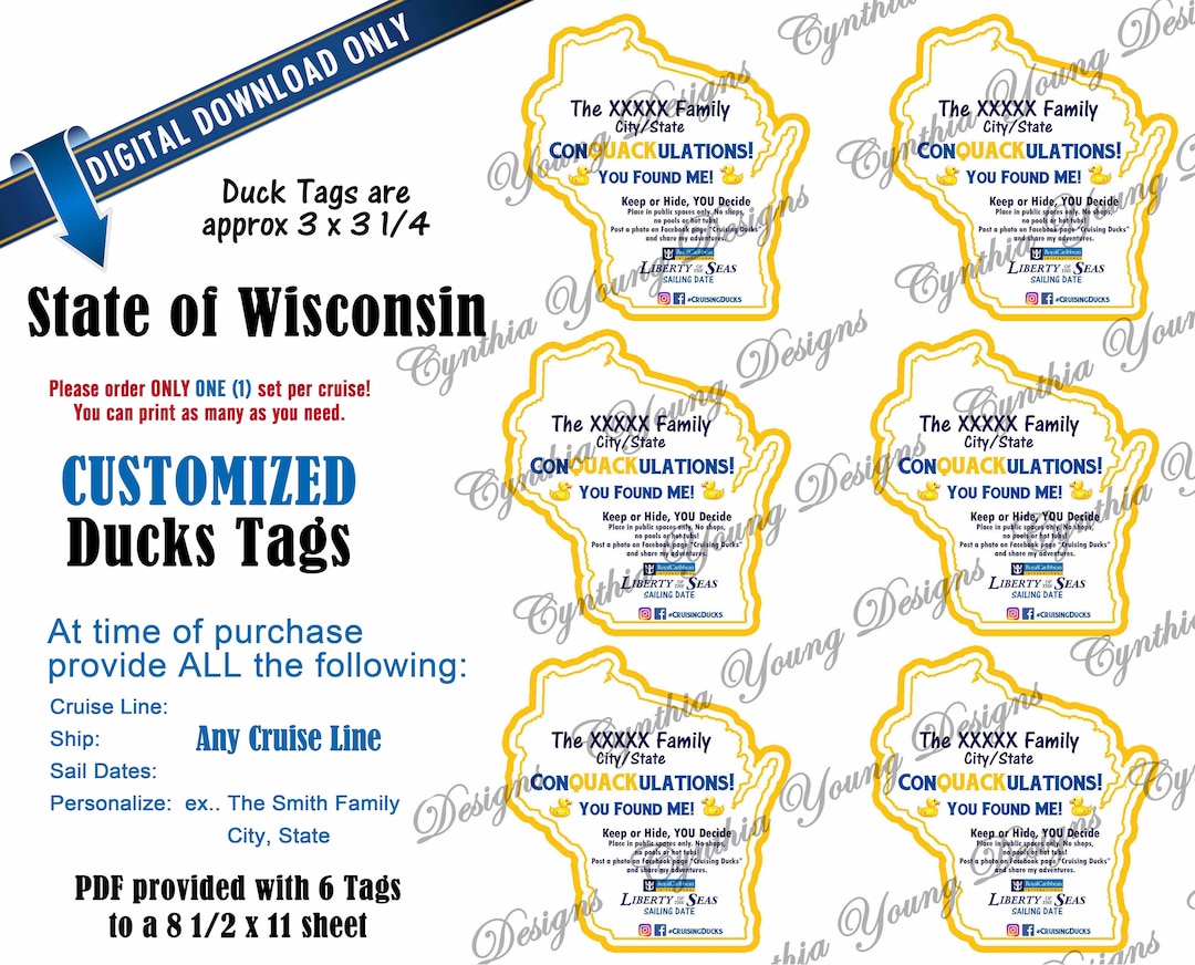 Wisconsin Shaped Duck Tags| Customized With YOUR Personal Info| RCL NCL ...