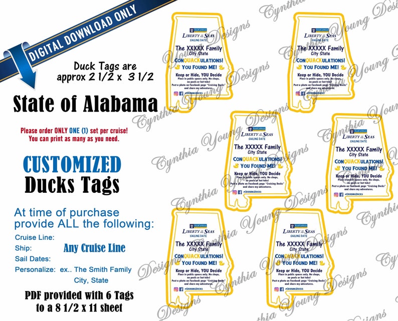 Alabama Shaped Duck Tags Customized W/your Personal Info Not - Etsy