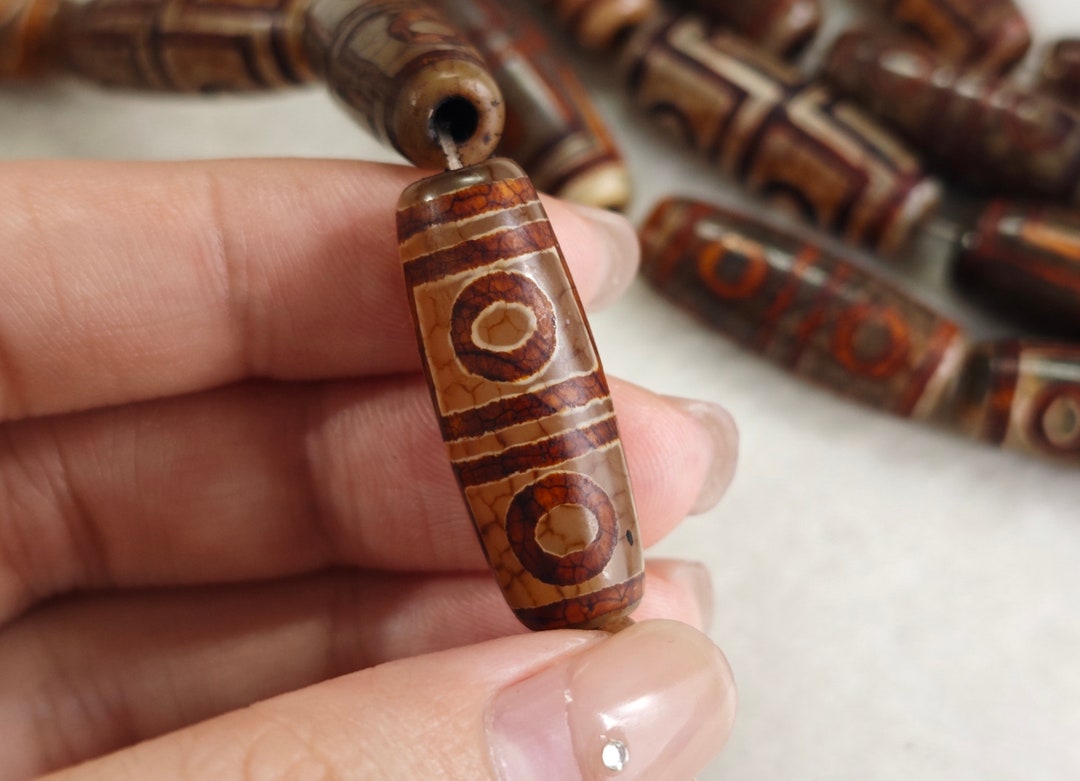 4 Eyes Dzi Beads , 10 × 30 Mm Tibetan DZI Agate Oval Beads , Ancient ...