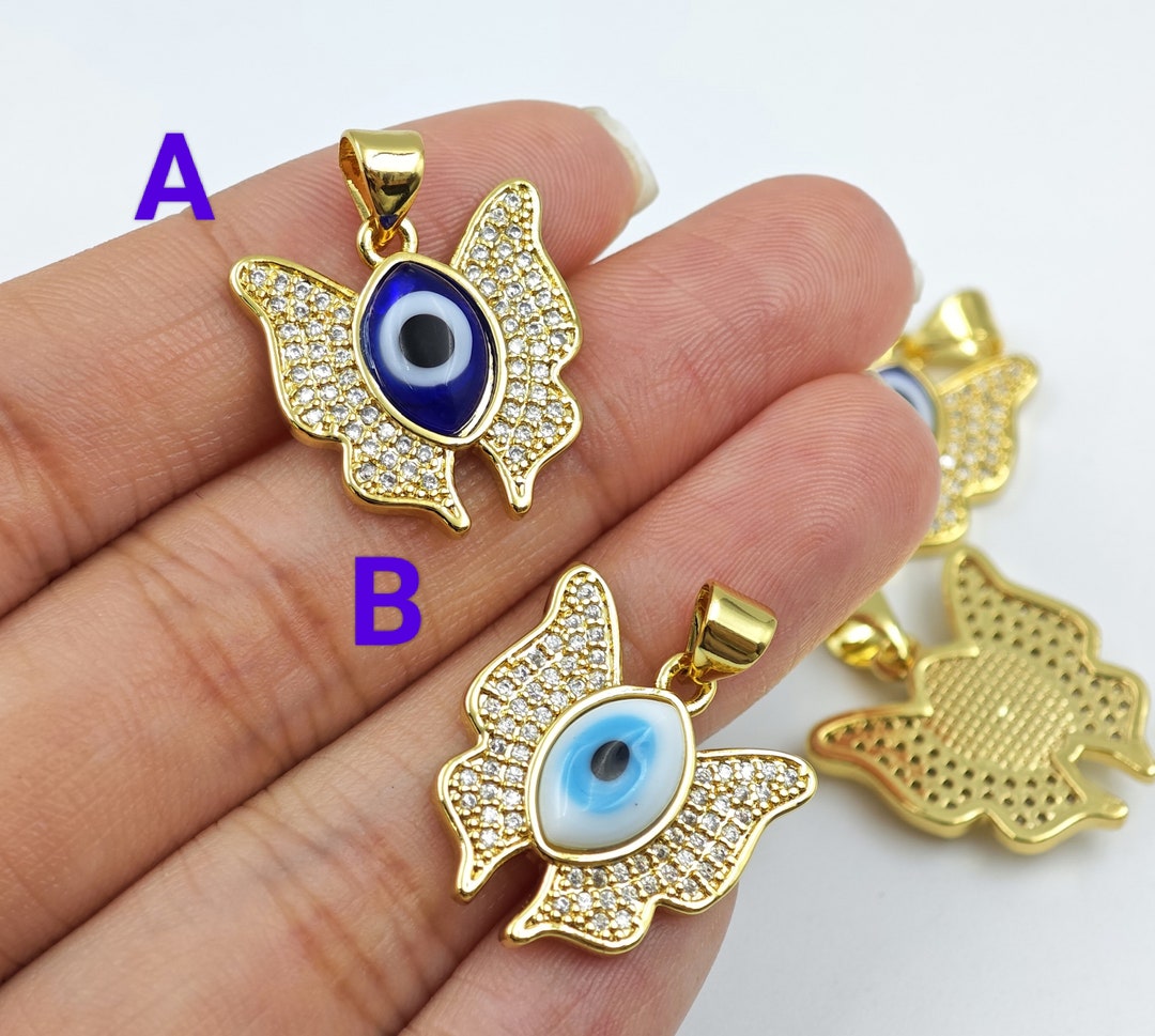 18×19 Mm Gold CZ Butterfly Evil Eye Pendant, Greek Evil Eye Butterfly ...