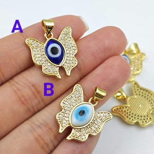 18×19 Mm Gold CZ Butterfly Evil Eye Pendant, Greek Evil Eye Butterfly ...