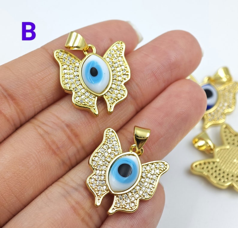 18×19 Mm Gold CZ Butterfly Evil Eye Pendant, Greek Evil Eye Butterfly ...