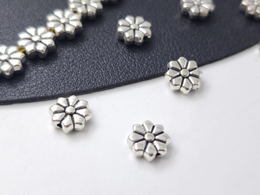 8.5 Mm Antique Silver Daisy Flower Beads , 40 PCS Nepalese Metal Flower ...