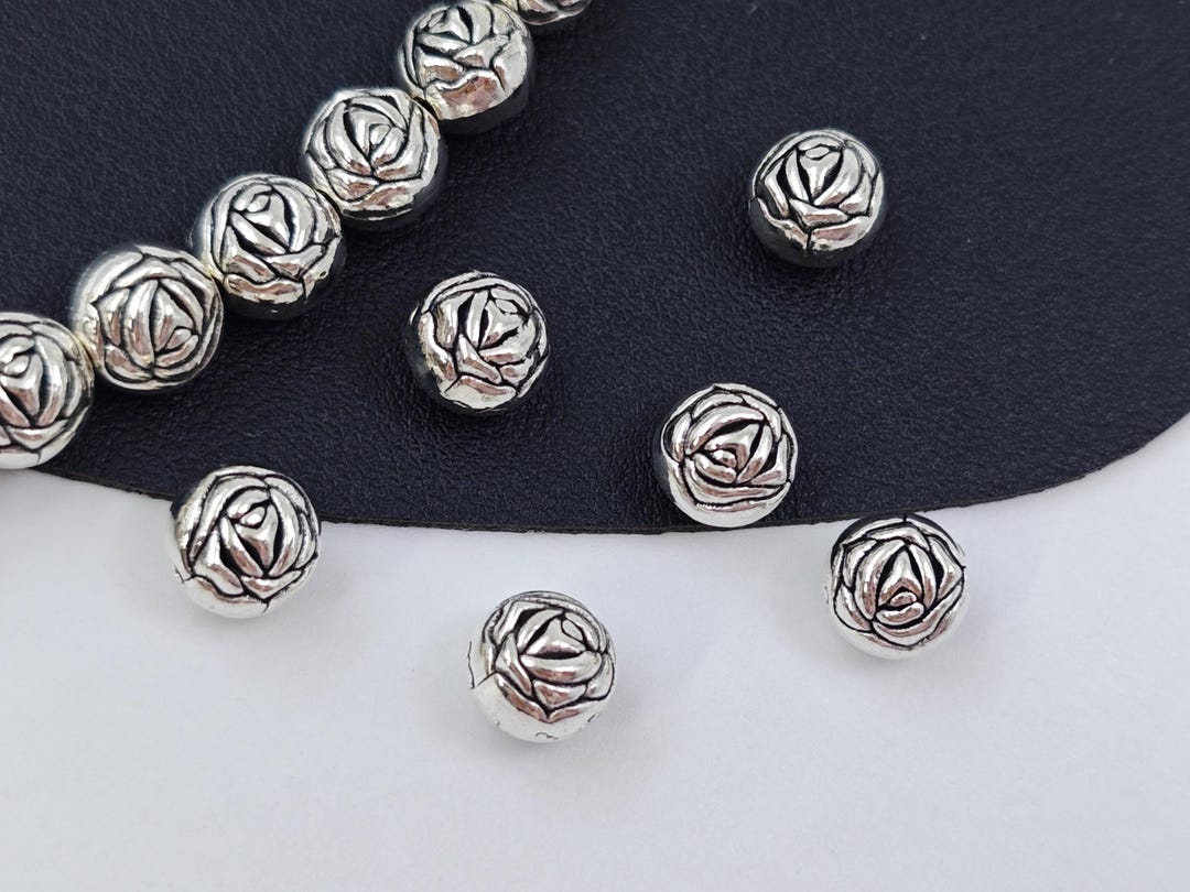 10 Mm Antique Silver Rose Beads , 30 PCS Round Double Sided Rose Beads ...