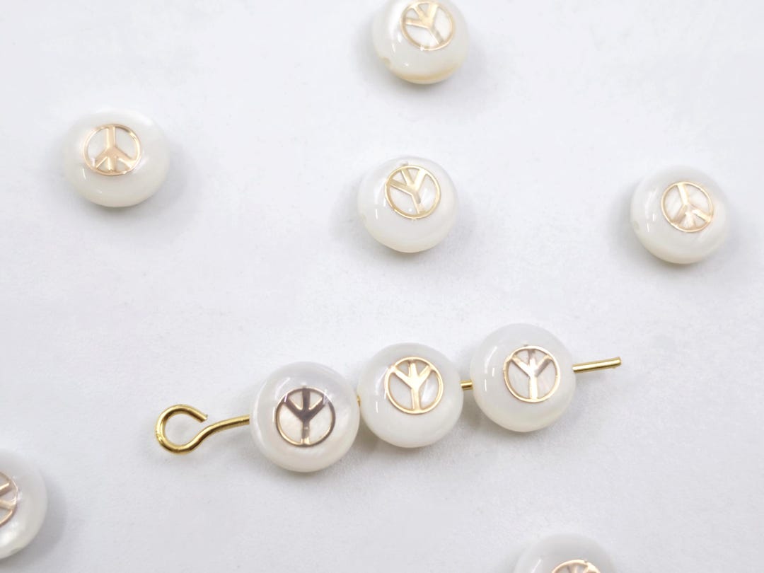 8 Mm White & Gold Peace Sign Beads , Mother of Pearl Peace Beads ...