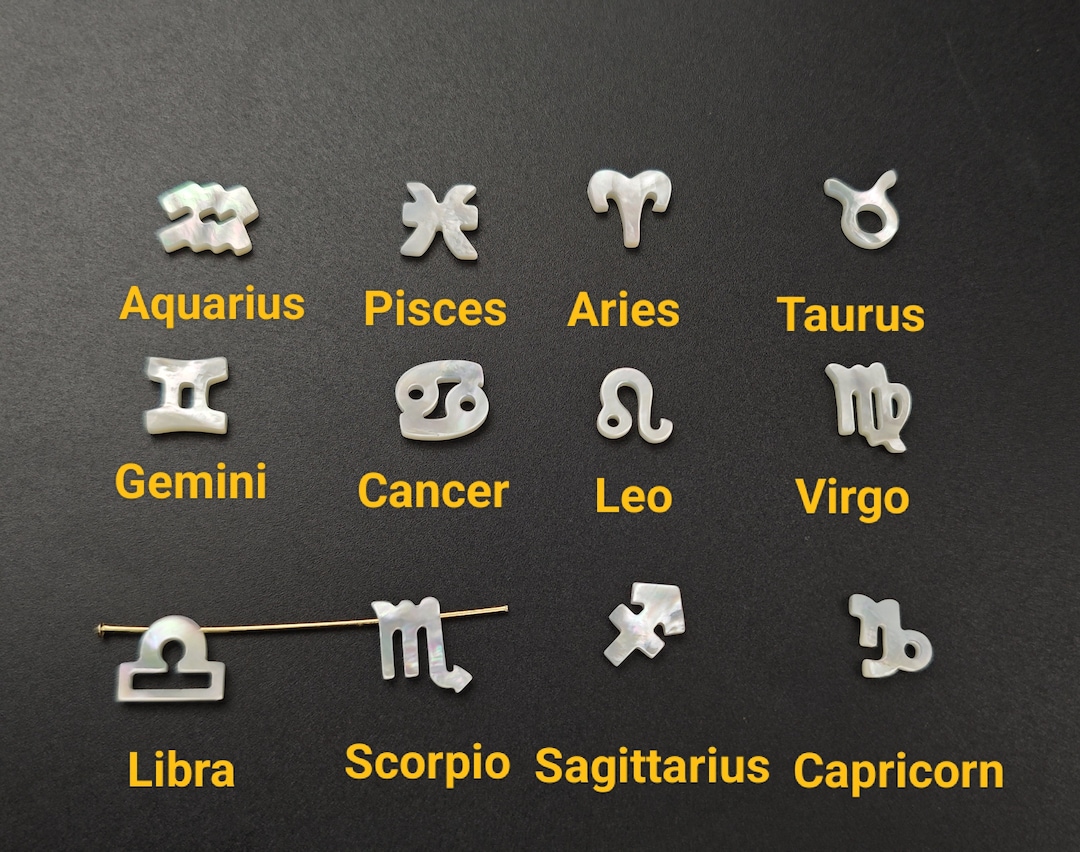 Mother of Pearl 12 Zodiac Signs Beads, Carved Natural White MOP ...