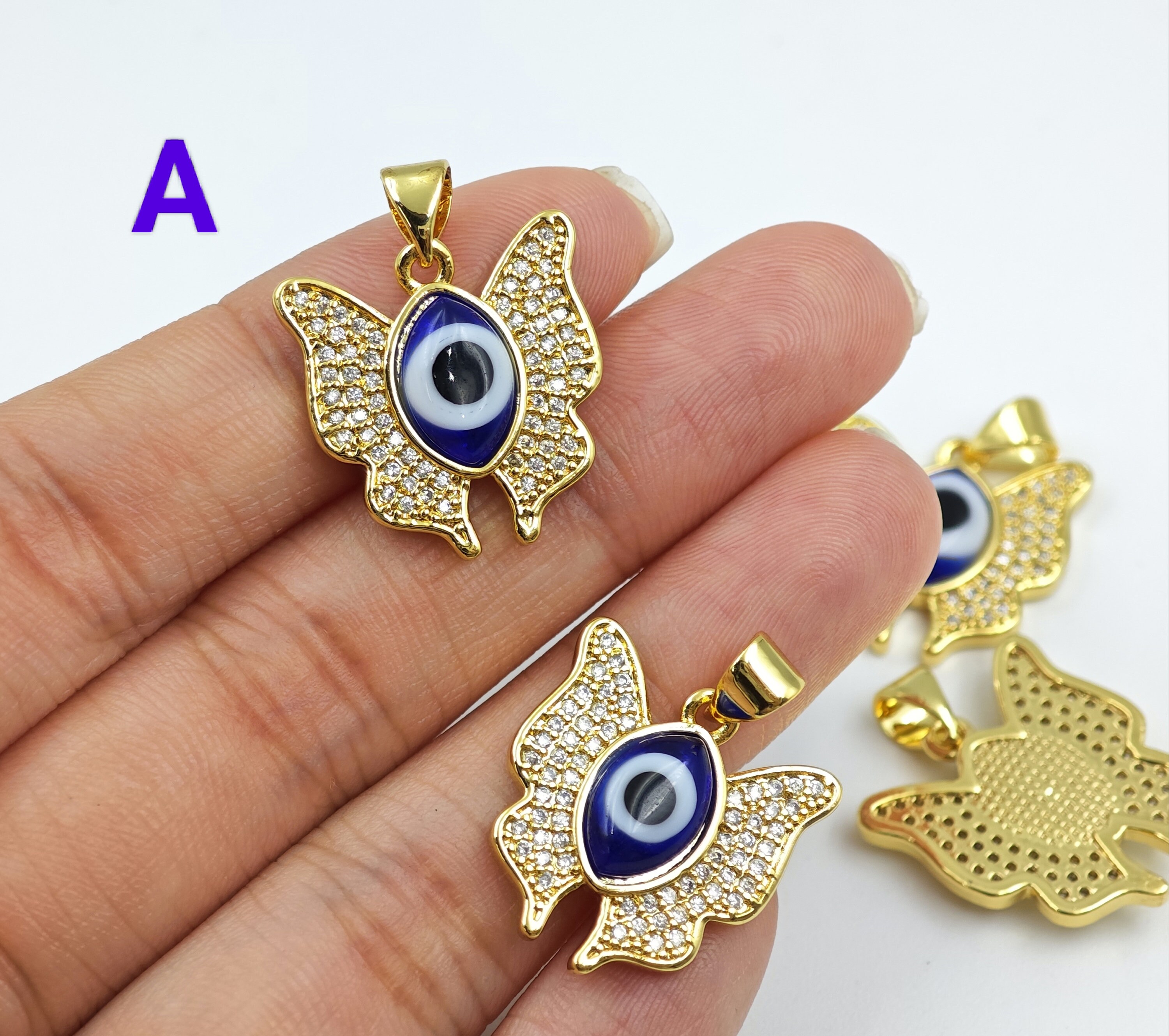 18×19 Mm Gold CZ Butterfly Evil Eye Pendant, Greek Evil Eye Butterfly ...