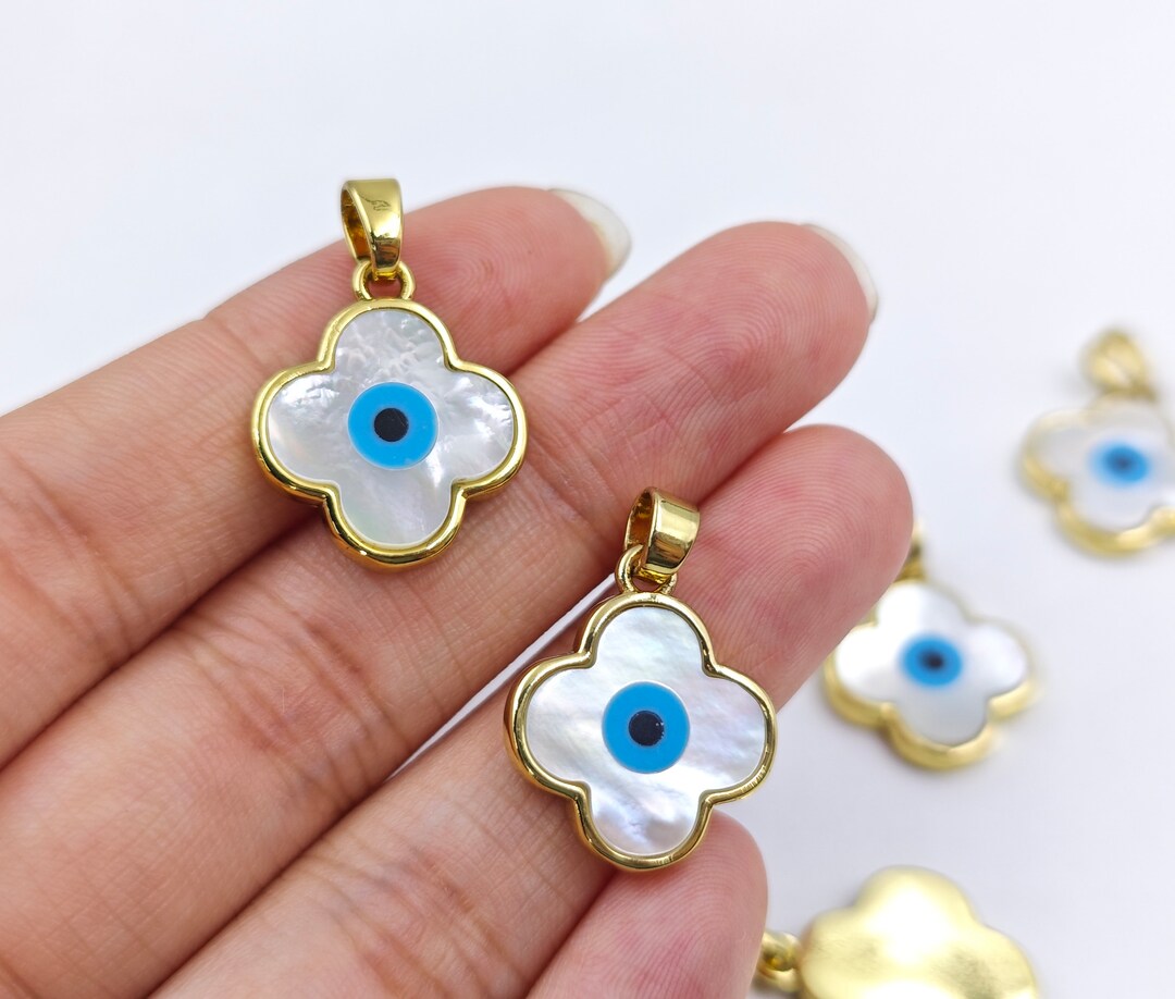 16×19 Mm Gold Plated Four Leaf Clover Evil Eye Charms , Mother of Pearl ...