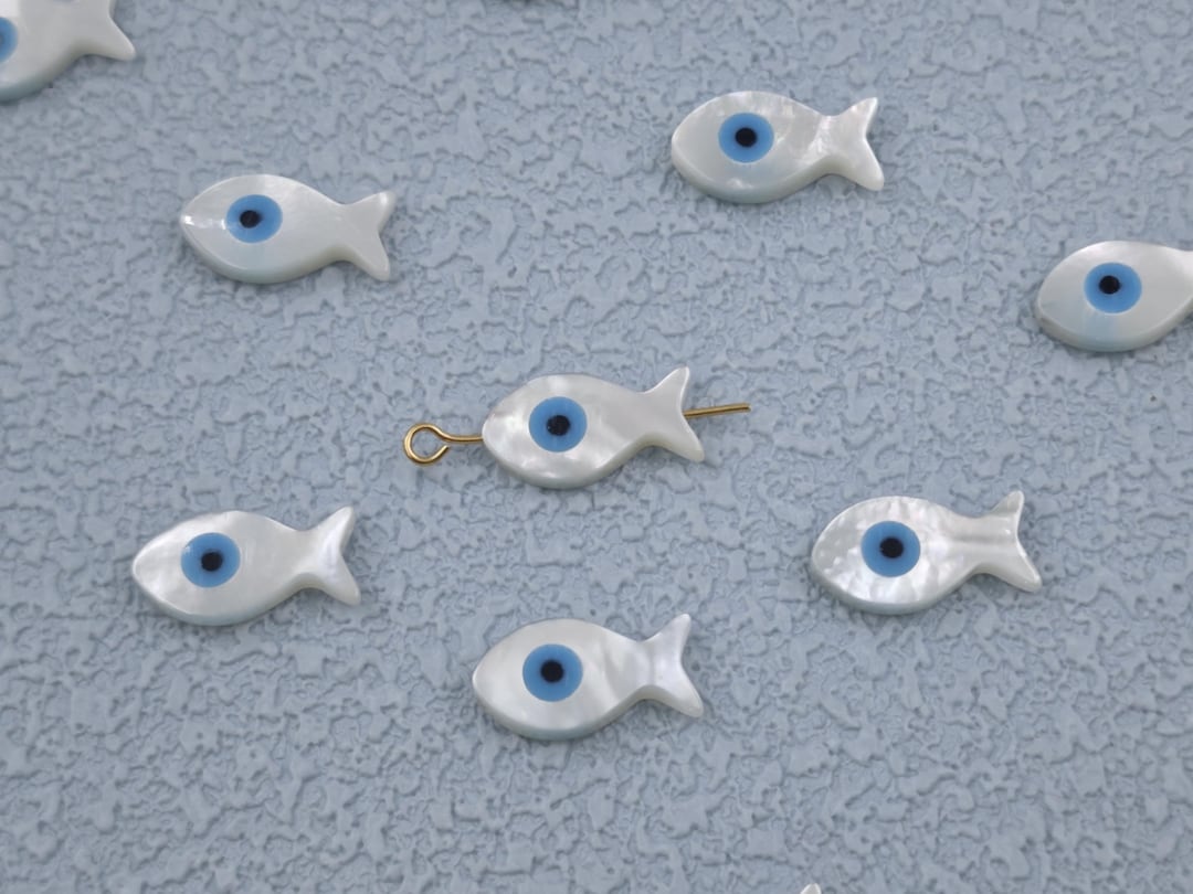 8×15mm Double Sided MOP Fish Evil Eye Beads , Mother of Pearl Fish Evil ...
