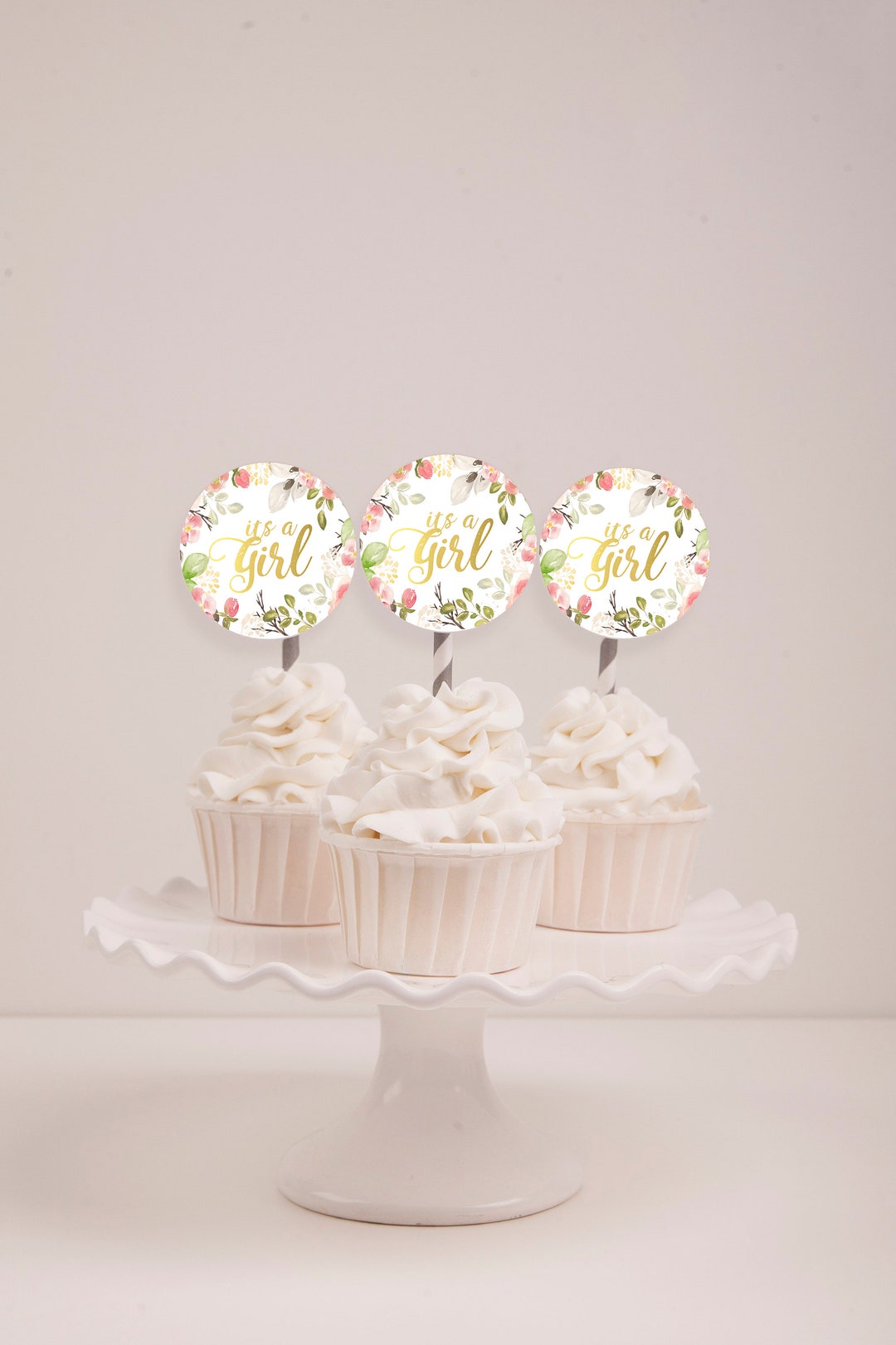 Floral it's a Girl Cupcake Toppersinstant Downloadboho BABY Showergold ...