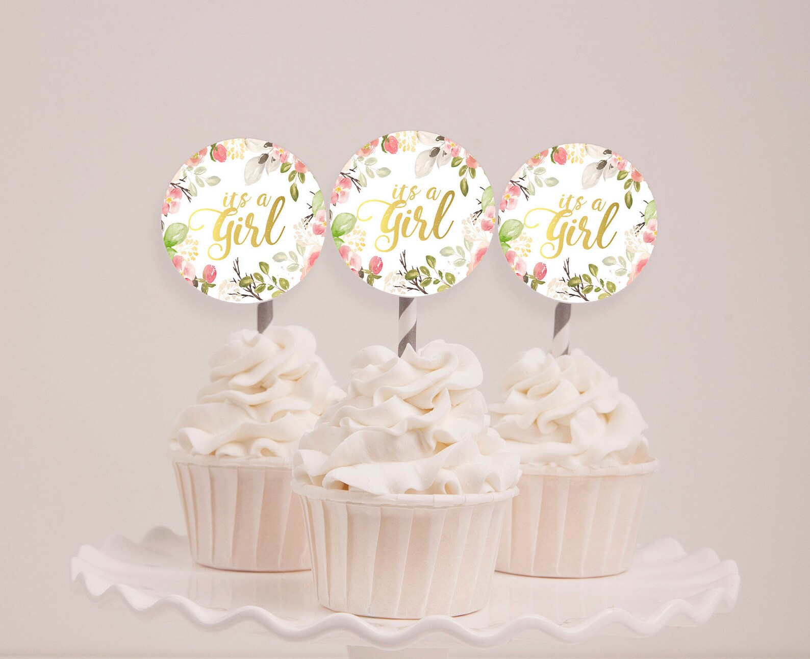 Floral it's a Girl Cupcake Toppersinstant | Etsy