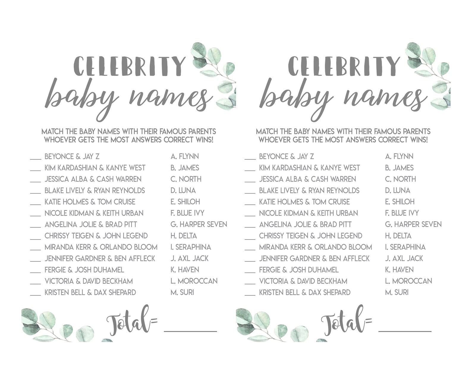 Celebrity Baby Name Match up Baby Shower Gameinstant | Etsy